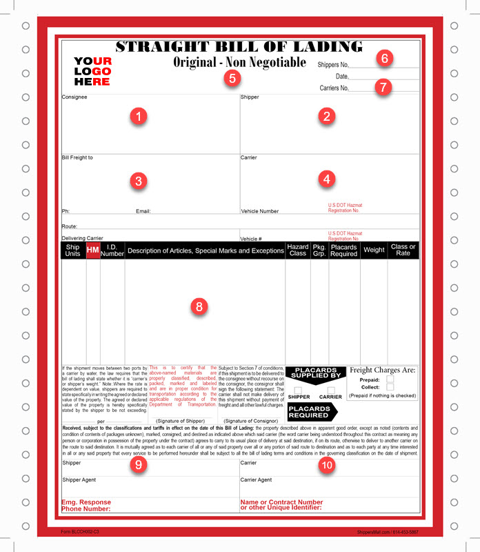 Hazmat Bill of Lading, 3rd Party Bill Freight To, Continuous - BLCCH002 ...